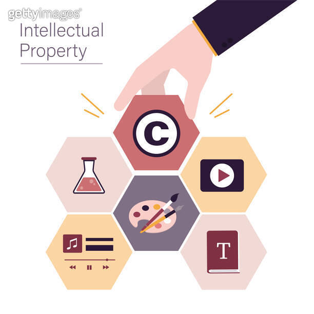 Author hand put copyright symbol on various media content icons ...