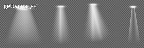 Set of bright light spotlights, isolated light sources on a transparent ...