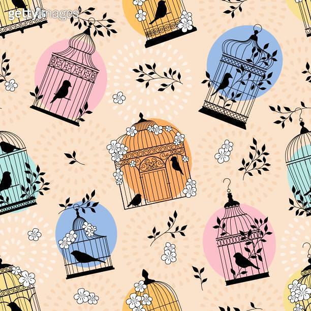 Vintage bird cages seamless pattern. Repeated decorative wicker houses ...