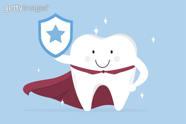 Superhero tooth with protection shield. Strong healthy tooth in red ...