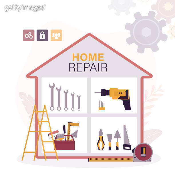 Home repair, silhouette of house with various workman toolkit. Set ...