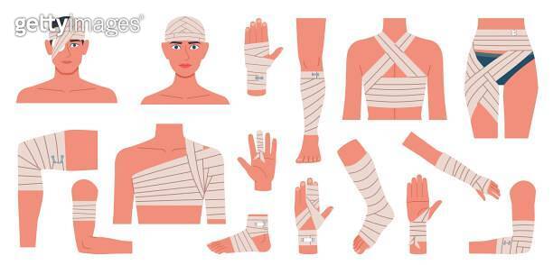 Bandaged body parts. Physical injured with applied bandages, protected ...