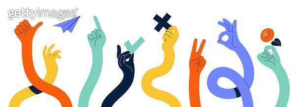 Comic flexible hands. Long color arms, curved limbs holding different ...