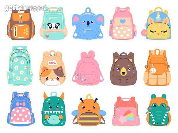 Color kid school backpacks. Modern cute student bags, childish satchels ...