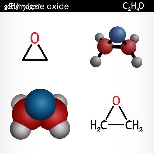 Ethylene oxide, oxirane C2H4O molecule. Structural chemical formula and ...