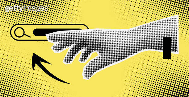 Search bar with halftone effect pointing hand and arrow in retro ...