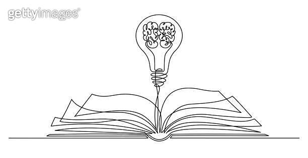 Open textbook with light bulb and brain continuous one line icon ...