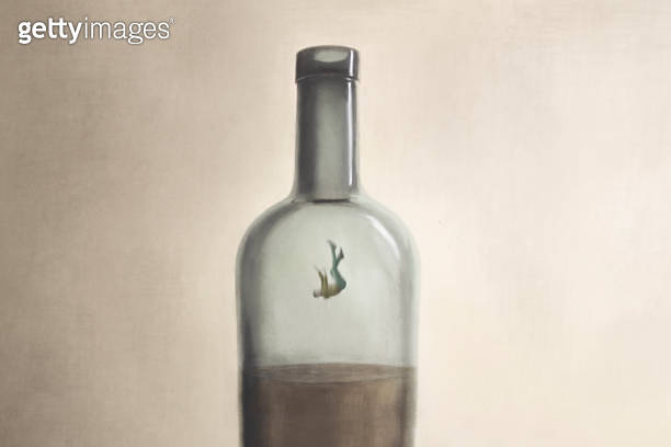 Illustration of drunk man falling into wine bottle, alcohol addiction ...