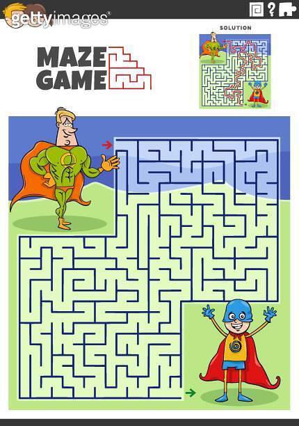 maze activity with cartoon superhero characters 이미지 (2149711809) - 게티이미지뱅크