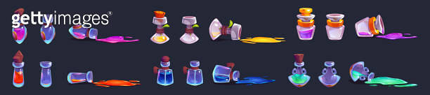 Magic potion bottle animation with spill vector (1952280386) - 게티이미지뱅크