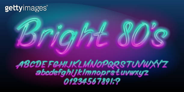 Bright 80s alphabet font. Glowing neon script letters and numbers. 이미지 ...