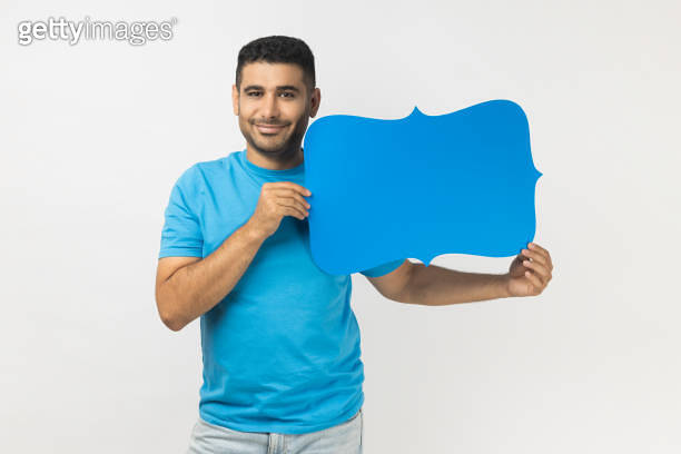 Man holding speech or think blue frame, empty communication space ...