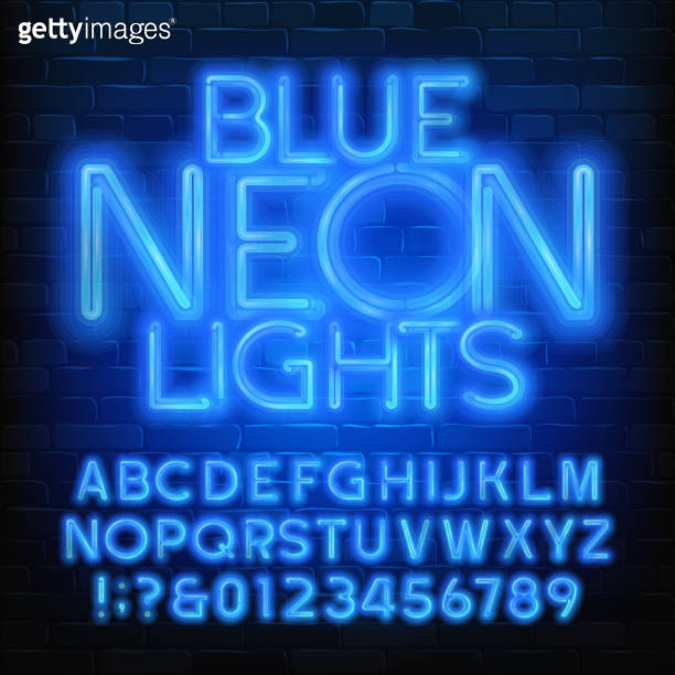 Blue Neon Light alphabet font. Neon color letters and numbers ...