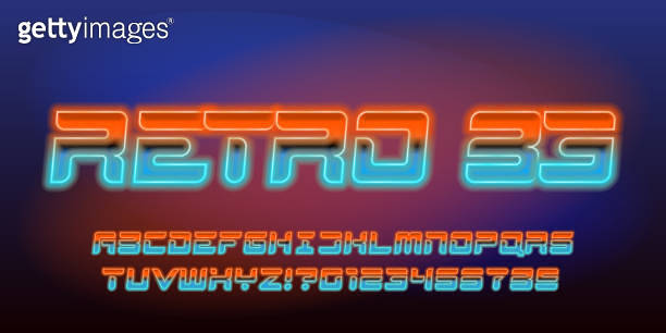 Retro 83 alphabet font. 80s style glowing neon letters and numbers. 이미지 ...
