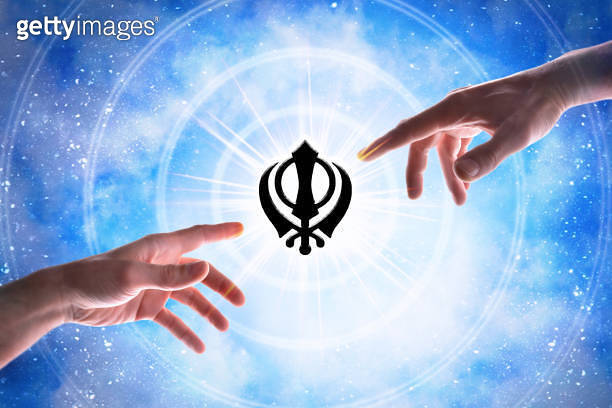 Hands pointing sikhism symbol with blue universe background 이미지 ...