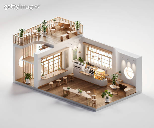 Isometric room minimal cafe store open inside interior architecture 3d ...
