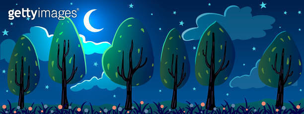 Night spring cartoon landscape background. Clouds, trees on green grass ...