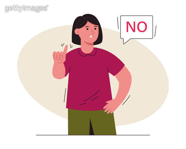 Woman says no and showing stop with one finger, taboo sign, negates ...