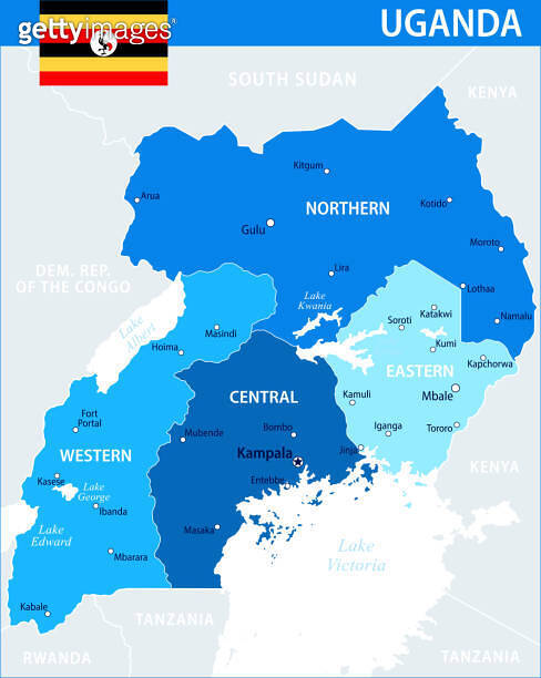 Uganda Map Vector Blue Spot - Customizable layered political map of ...