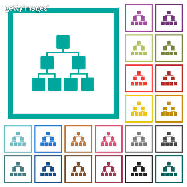 Organizational chart down solid flat color icons with quadrant frames ...