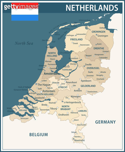 Netherlands Map Vector Vintage Dark Blue Beige - Customizable layered ...