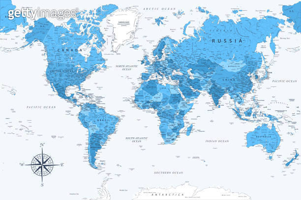 World Map - Highly Detailed Blue Colored Vector Map of the World ...