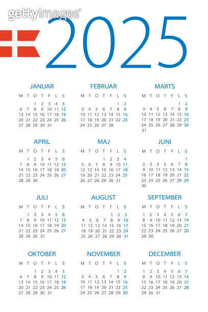Calendar 2025 - illustration. Danish version. Week starts on Monday ...