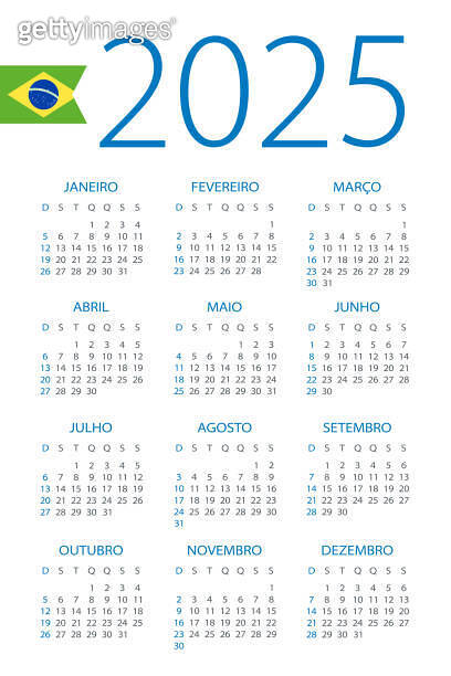 Calendar 2025 - illustration. Brazilian version. Week starts on Sunday ...