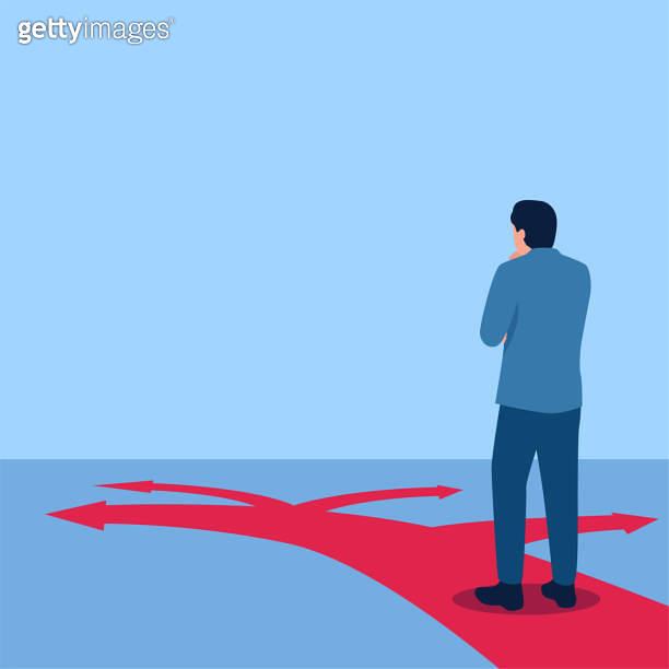 Man confused about which path to take, metaphor for uncertainty. Simple ...
