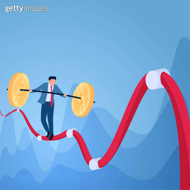 A man carrying a coin as a balance passes over a graph string that ...