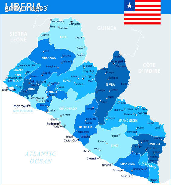 Liberia Map Vector Blue Spot - Customizable layered political map of ...