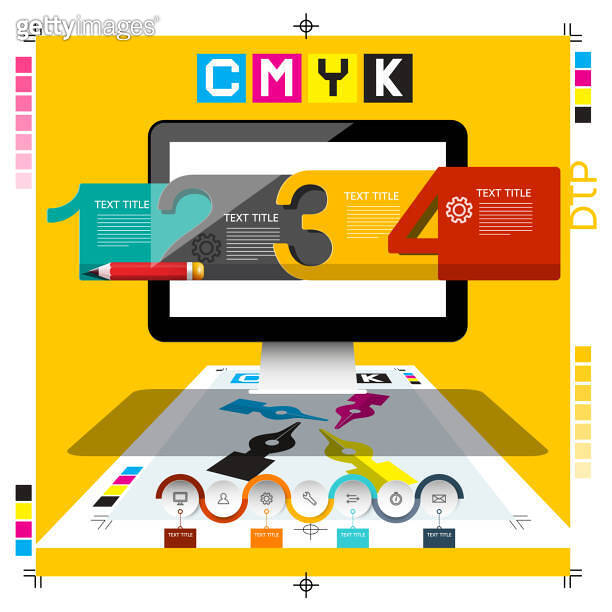 DTP - desktop publishing concept with computer and CMYK artwork ...