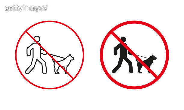 No Walking With Dog Allowed Warning Sign Set. Man and Pet on Leash ...