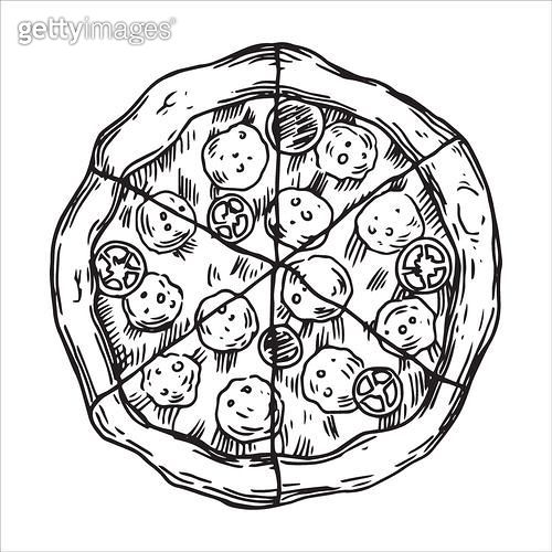 Pizza circle divided into pieces, drawing in sketch style. black and ...