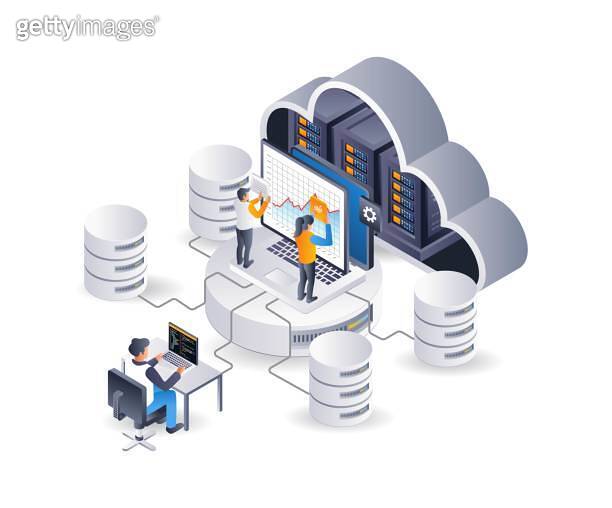 Analysis team maintains technology cloud server, infographic 3d illustration flat isometric 이미지 ...
