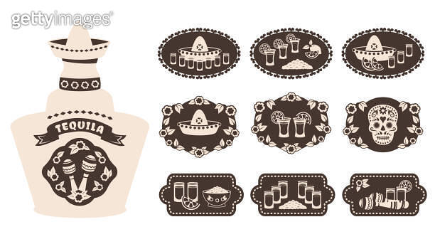 Tequila label set. Vintage stickers with maracas, skull, glasses, hat ...