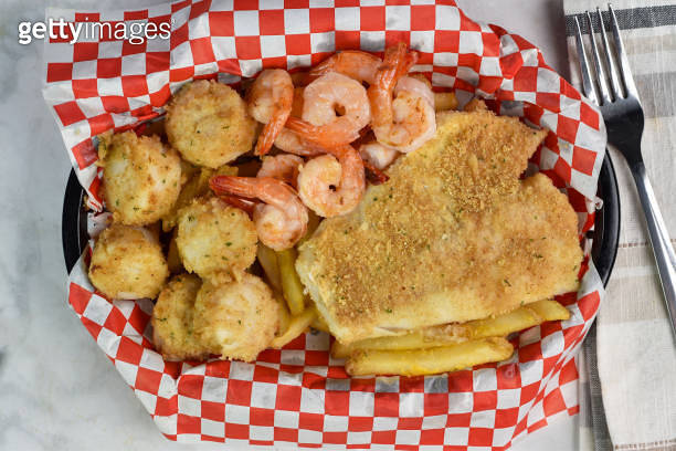 bake cod with scallops and shrimp served with fries 이미지 (1917707381 ...