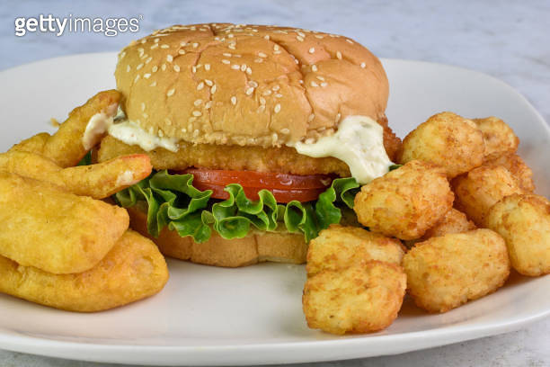fish sandwich with beer battered shrimp and tater tots 이미지 (2157299388 ...