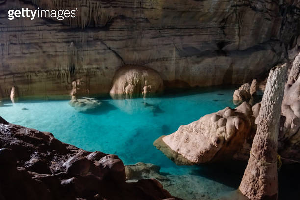 underground Cenote Choj Ha. Cave with stalactites and stalagmites ...