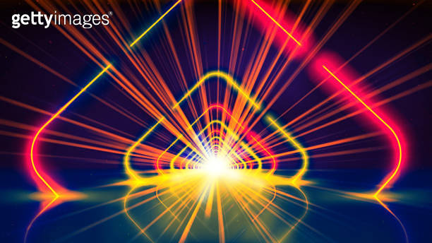 Flight movement through arcade of glowing neon tunnel, corridor, square ...