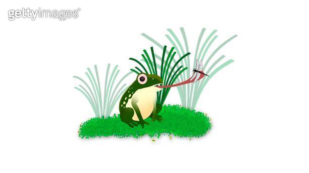 Green frog eat insect, Cartoon frog of green reptile character eating ...