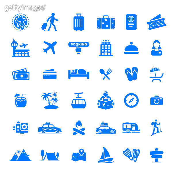 Blue set of Vacation, Travel Tourism flat icons - hotel, booking ...