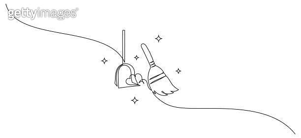 Cleaning and sweeping tools in one continuous line drawing. Broom with ...