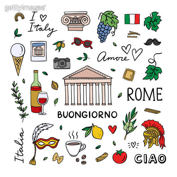 Vector Italy set. Cute italian doodles on white background. Hand drawn ...