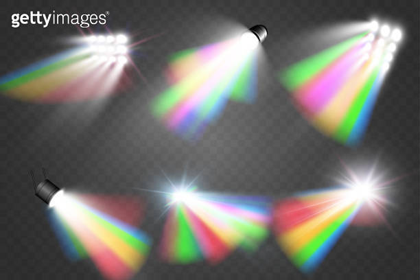 Rainbow spotlight. Light beams spectrum,vector lens flare effect. Magic ...
