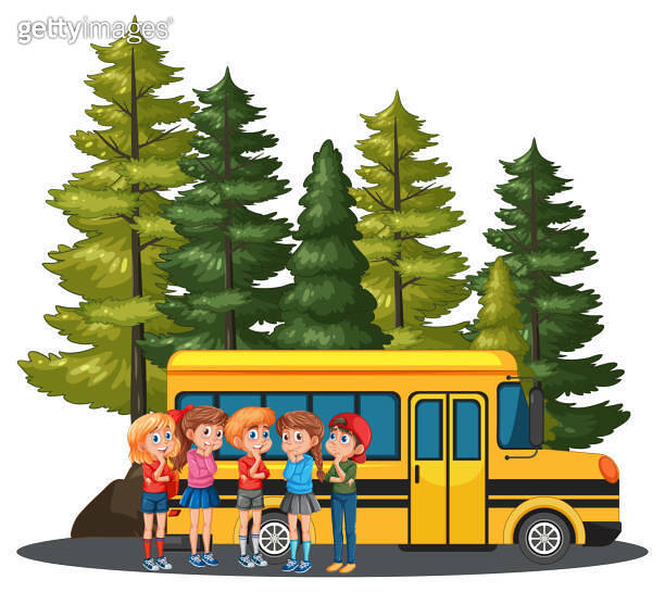 Kids standing by a school bus in forest 이미지 (2158931360) - 게티이미지뱅크