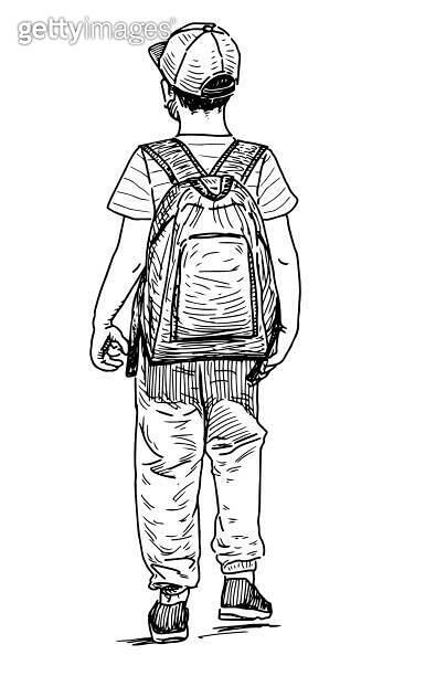 Sketch of one casual little boy in hat with backpack walking outdoors ...