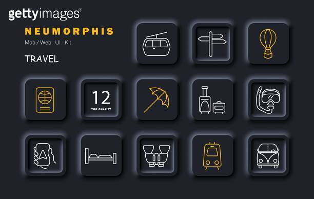 Travel set icon. Umbrella, navigation, maps, hot air balloon, train ...