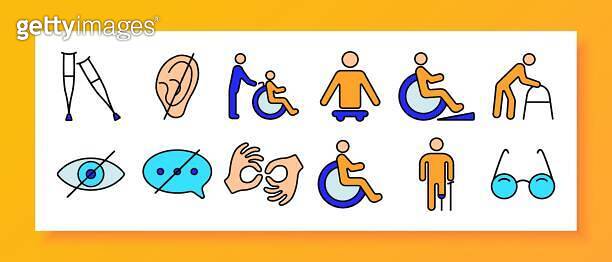 Disability set icon. Crutches, hearing impairment, wheelchair, walker ...