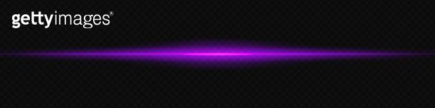 Glowing purple laser beam horizontally across a dark transparent ...